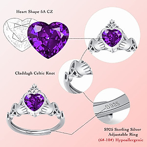 Claddagh February Amethyst Birthstone Rings - 925 Sterling Silver Adjustable Heart Gemstone Ring Traditional Irish Wedding Band Promise Eternity Bands Jewelry for Women (With Gift Box)