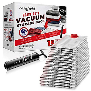 Casafield 15 Vacuum Storage Bags - Variety Pack (3 SM, 3 MD, 3 LG, 3 XL, 3 Jumbo) with Travel Hand Pump - Space Saving Compression Bags for Clothes, Blankets, Comforters