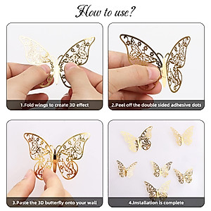 144 Pcs Gold Butterfly Wall Decor, Butterfly Cake Toppers 3D Butterfly Stickers 6 Styles and 3 Sizes, Removable Mural Stickers Decorative Butterflies Metallic Butterfly Decorations for Walls