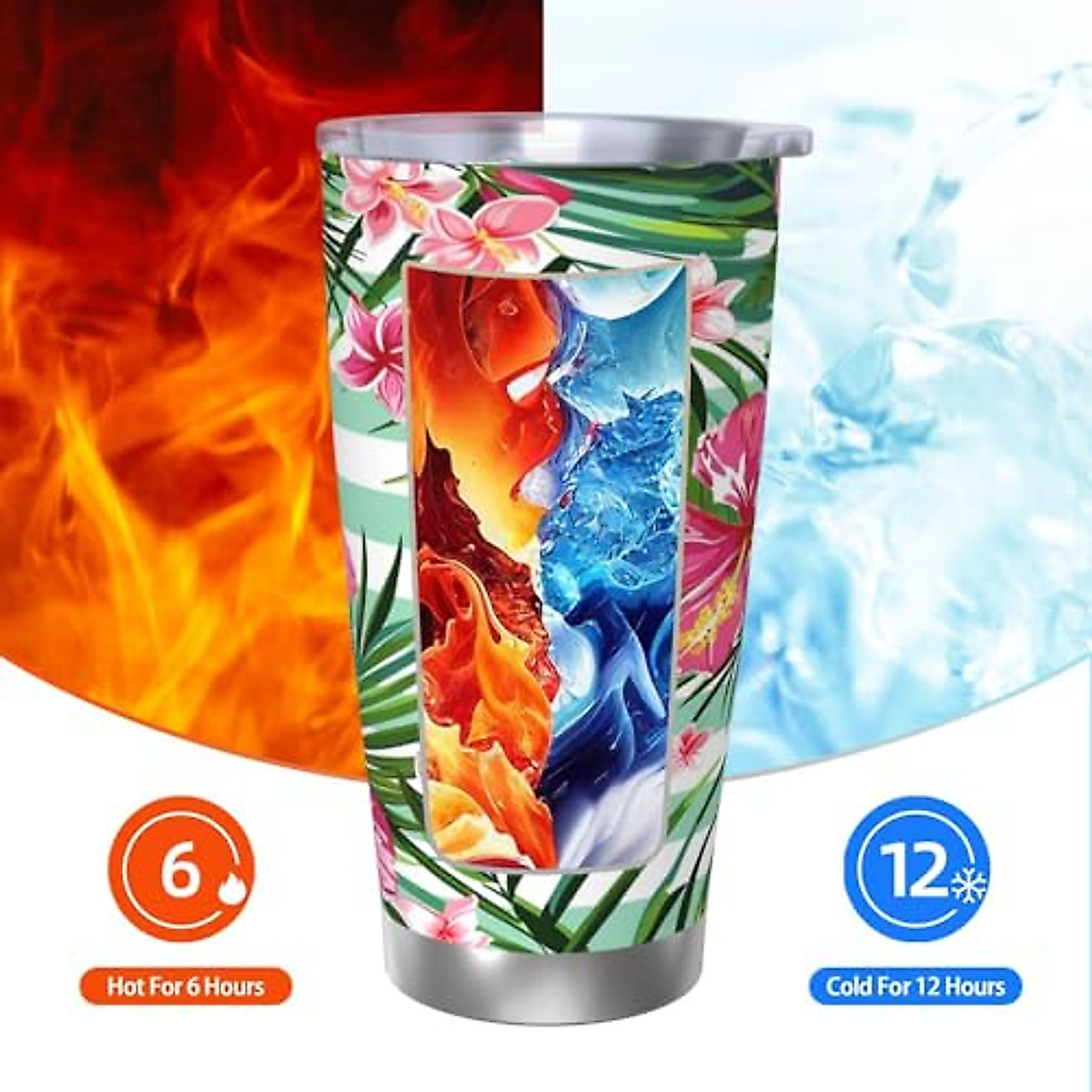 AYCZN Palm Leaves Floral 20 OZ Tumbler Stainless Steel Travel Coffee Mug, Stripe Flower Insulated Water Bottle with Lid and 2 StrawsLeakproof Thermal Cup