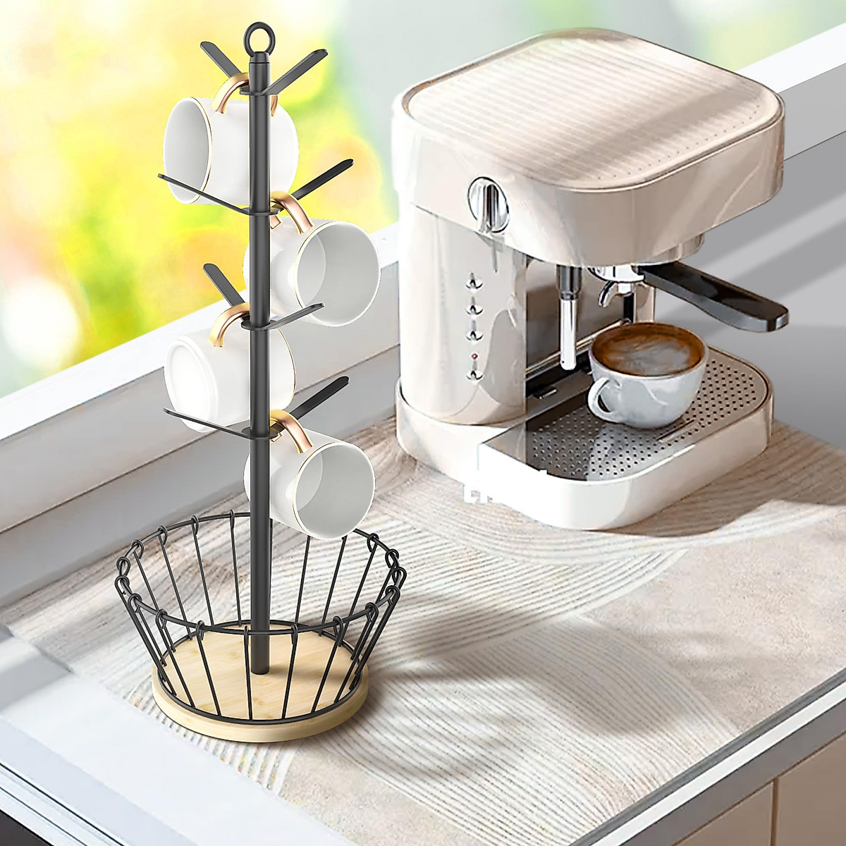 simesove Drying Storage Rack Holder Home Storage Mug Hooks Multipurpose Display Stand Metal Tree Shape Mug Coffee Cups Stand with 8 Hooks-Bamboo Base with Coffee Basket