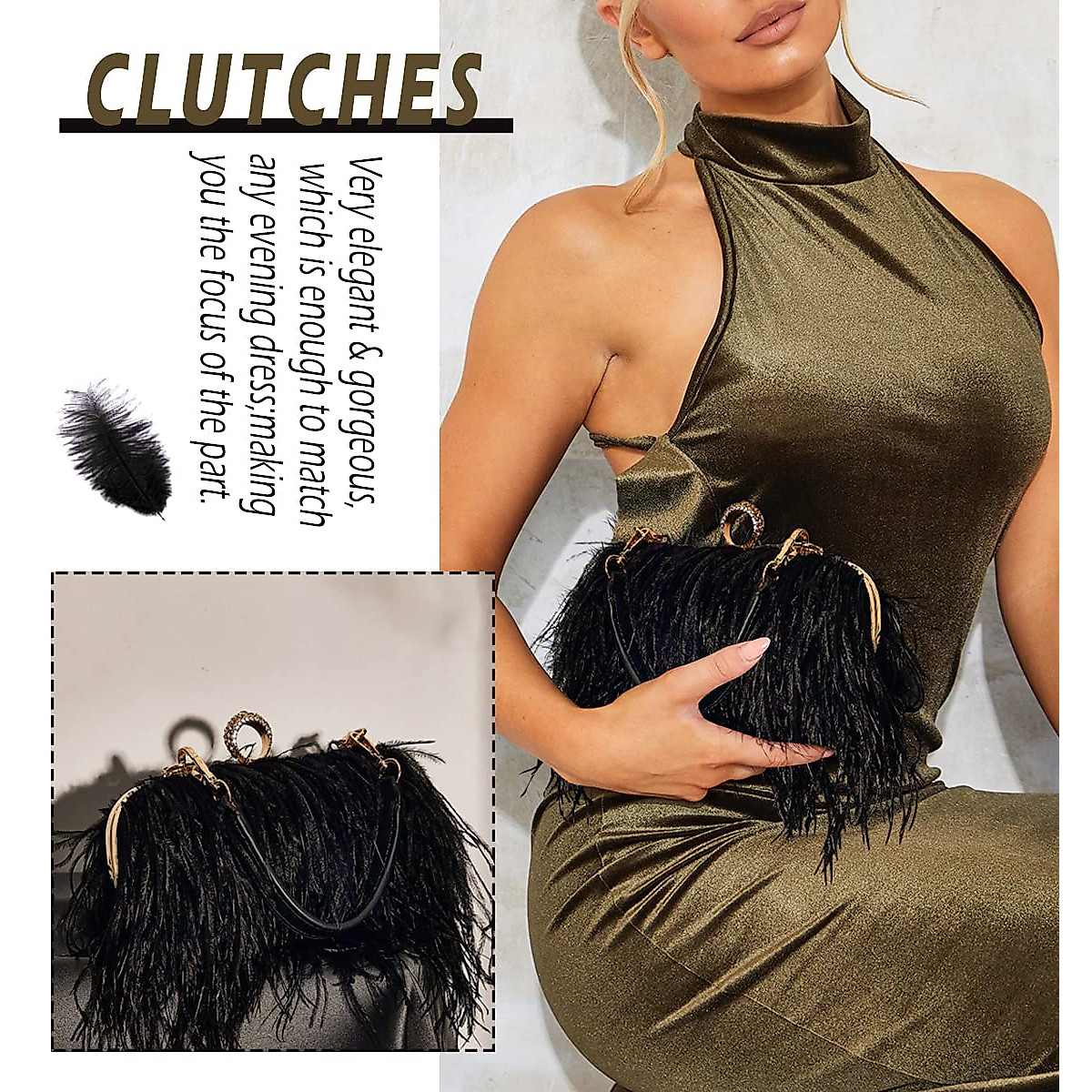 Zakia Real Natural Ostrich Feather Evening Clutch Shoulder Bag Party Bag (A-Black)