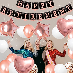 Happy Retirement Party Decorations women - (80pack) rose gold party Banner, Pennant,Hanging Swirl,birthday balloons,Foil Backdrops,Tablecloths,cupcake Topper,Crown, plates,Photo Props,retired Sash