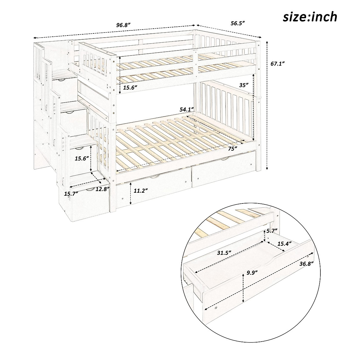 Harper & Bright Designs Full Over Full Bunk Bed with Stairs, Wooden Bunk Bed with Storage Drawers, for Kids Teens Adults - White