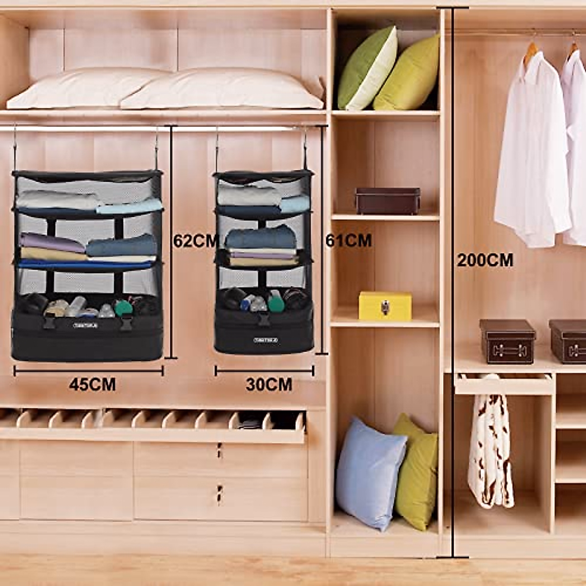 TABITORA Portable Hanging Travel Shelves Bag Packing Cube Organizer Suitcase Storage Large Capacity Black XL