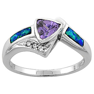 Sterling Silver Blue Synthetic Opal Trillion Cut Ring for Women Amethyst CZ Center 7/16 inch size 6