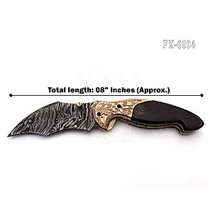 SHINY CRAFTS -Damascus Pocket Knife Knives For Men OTF Knife Survival Knife- Folding Knives - Everyday Carry - PlainEdge - Leather Sheath (FK 04)