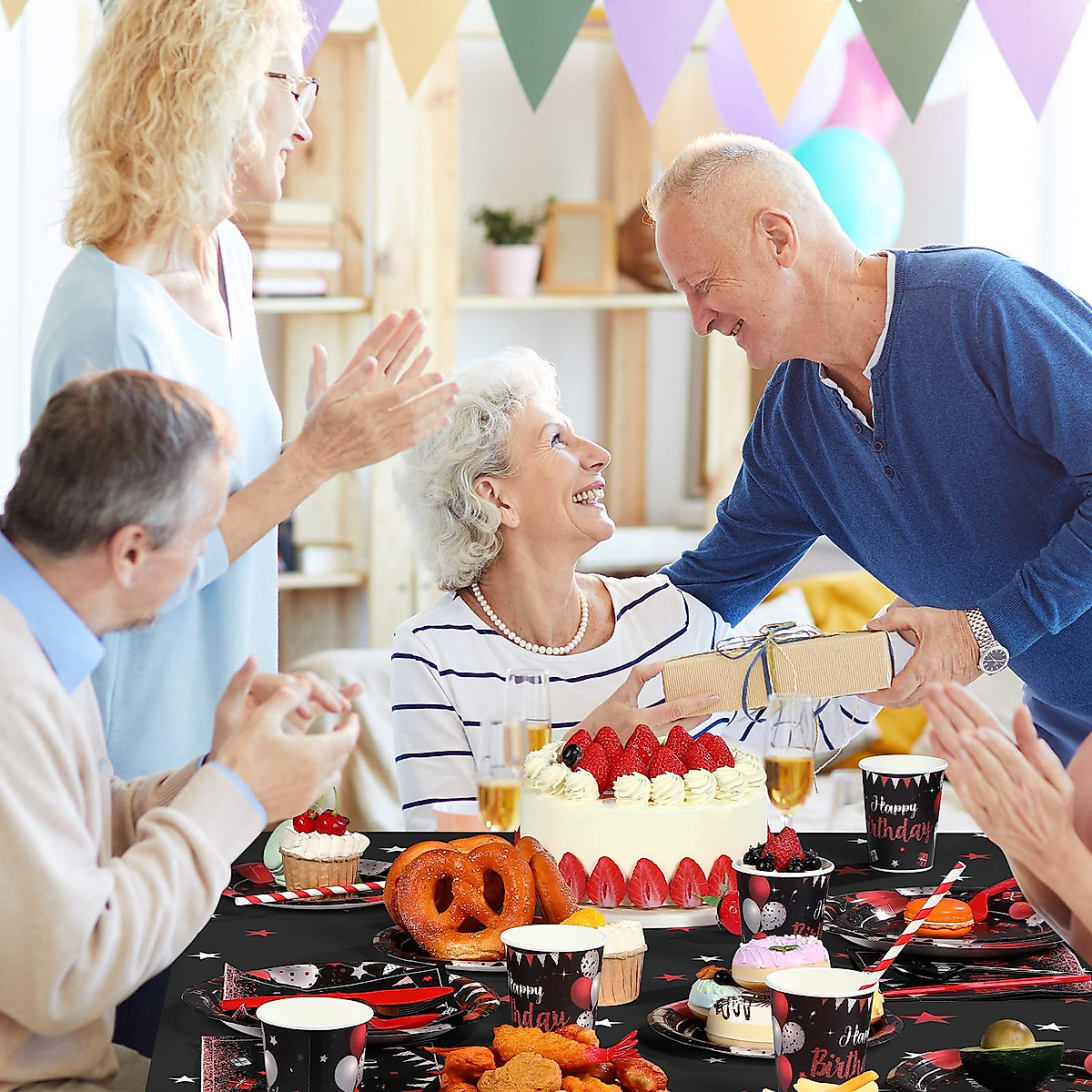 Capoda Birthday Party Supplies Happy Birthday Tableware Set Confetti Starry Tablecloth Plates Cups Napkins Dinnerware for Kids Adults Party Supplies Decor(Red and Black)