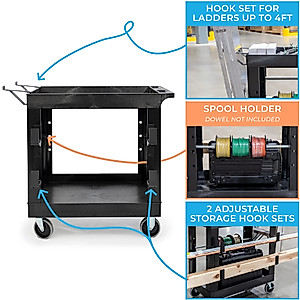 Stand Steady Tubstr 2 Shelf Utility Cart | Heavy Duty Service Cart Holds 400 lbs. | Adjustable Storage Hooks, Ladder & Spool Holders | Tub Cart for Warehouse, Garage, School & Office (32 x 18in/Black)