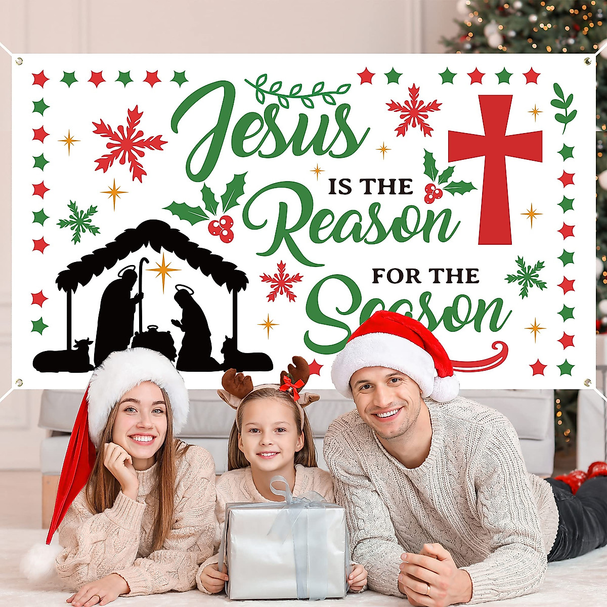 WATINC Christmas Jesus is The Reason for The Season Backdrop Banner XtraLarge Nativity Cross Xmas Winter Holiday Religious Party Wall Decorations Supplies for Home Church Outdoor 78 x 45 Inch