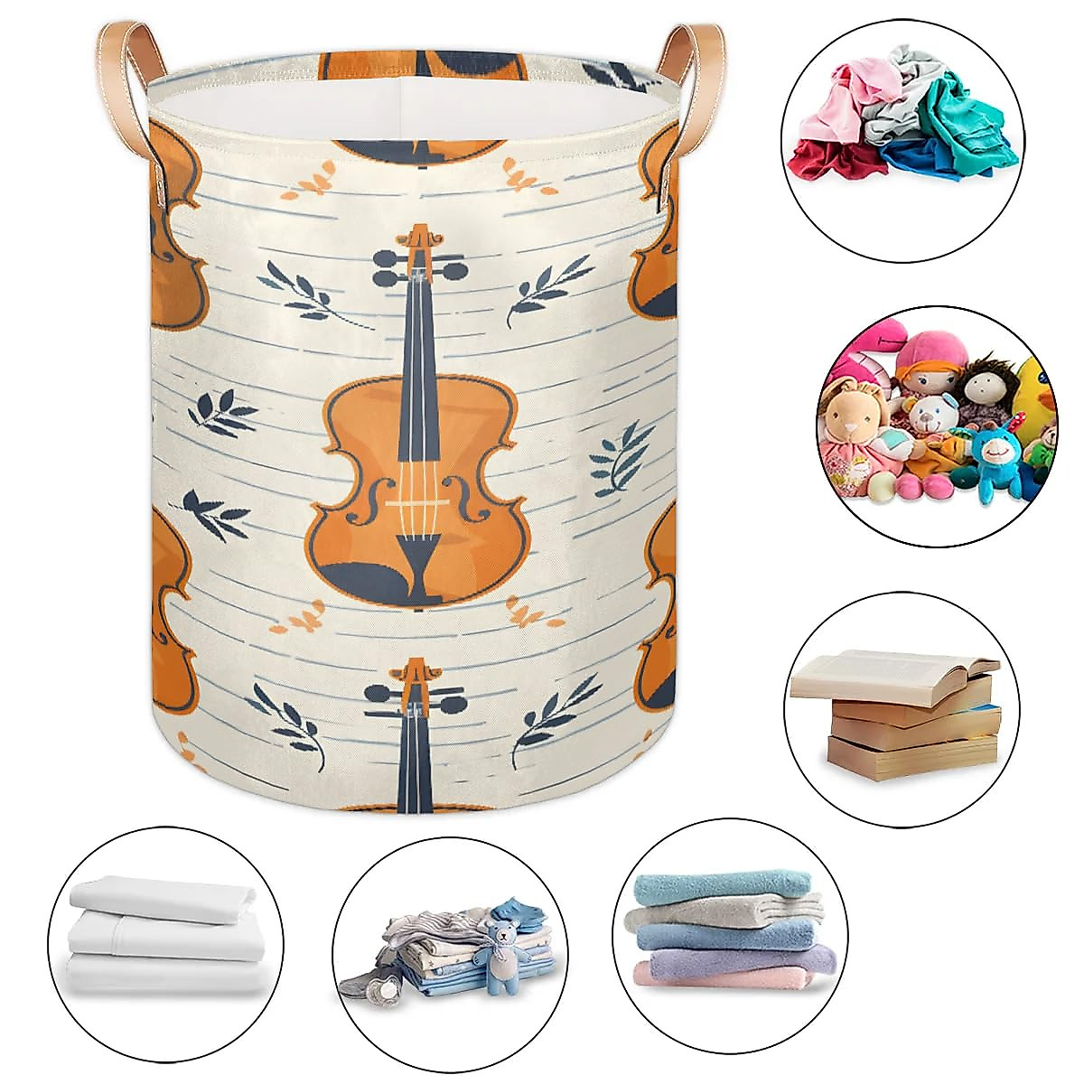 Custom Round Collapsible Laundry Baskets Violin Leaves Customized Large Toy Basket Personalize Hamper Dorm Bathroom Playroom Room Decor 16x20.8 Inch