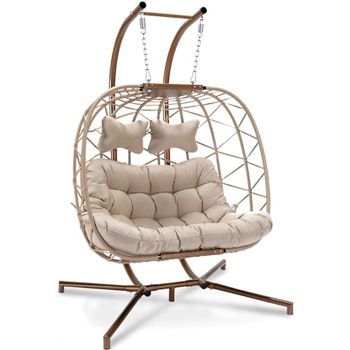 RADIATA Double Egg Chair with Stand Luxury Outdoor Patio Wicker Loveseat Hanging Swing Chairs Resistant Cushions Metal Frame 500 lbs Capaticy for 2 Persons Backyard Balcony Beige Beige Rattan