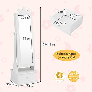 HONEY JOY Kids Jewelry Armoire Cabinet, 2-Angle Tilting Wooden Standing Jewelry Organizer with Full-length Mirror and Storage Drawers, Children Dress Up Jewelry Cabinet for Little Girls (White)