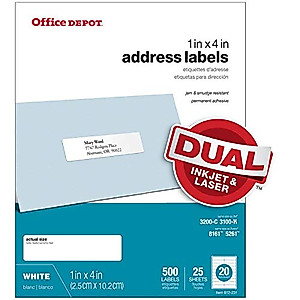 Office Depot White Inkjet/Laser Address Labels, 1in. x 4in., Pack Of 500, 505-O004-0006