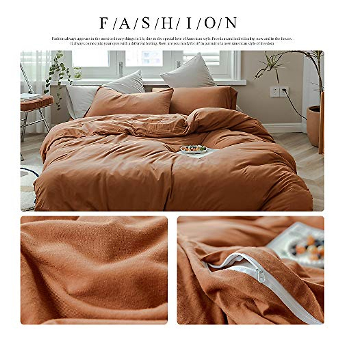 AMWAN Jersey Knit Cotton Duvet Cover Set Solid Pumpkin Color Bedding Set Luxury Soft Knit Cotton Comforter Cover King Size 3 Piece Bedding Set 1 Duvet Cover 2 Pillowcases King Duvet Cover Set