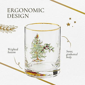 Spode Christmas Tree 14oz Double Old Fashioned Glasses, Set of 4 - Festive Holiday Drinkware with Rustic Christmas Design, Excellent for Whiskey at Holiday Gatherings and Cozy Celebrations