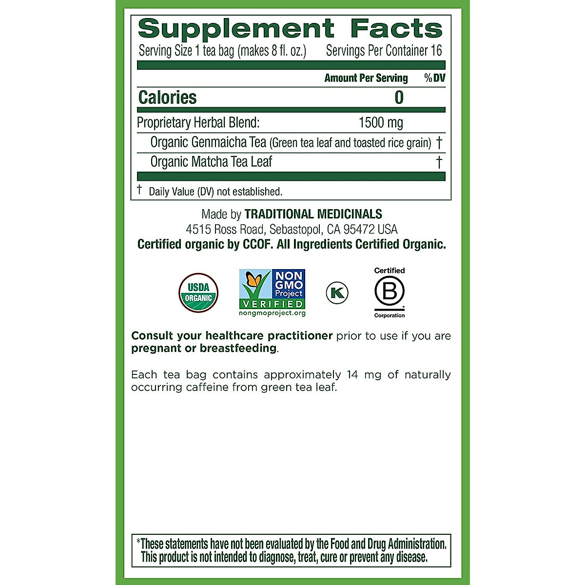 Traditional Medicinals Tea, Organic Green Tea Matcha, Genmaicha, Supports Health, 16 Tea Bags (6 Pack)