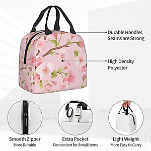 AuHomea Pink Sakura Blossom Lunch Bag For Women Men Insulated Lunch Box For Adult Reusable Lunch Bags With Pocket Zippers For Work, Picnic, School Or Travel