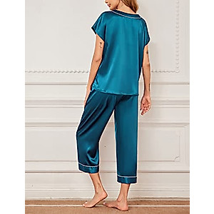 Ekouaer Plus Size Satin Pajamas for Women Two-Piece Nightgown Button Down Short Sleeve Loungewear PJ Set Dark Green