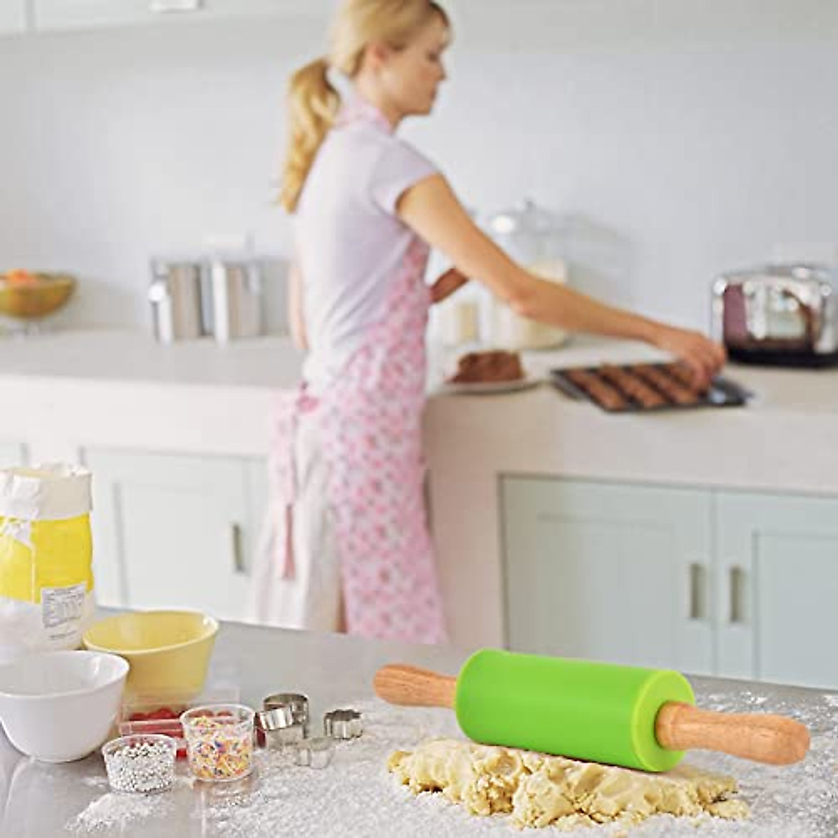 Mini Silicone Rolling Pin for Kids,Non-stick Surface Wood Handle,9-inch 2 Pack