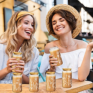 Mumufy 4 Pack Gift for Women Cute Glass Cups,aesthetic Iced Coffee Cup 16 oz Glass with Bamboo Lid and Straw Flower Coffee Mugs Birthday Gift for Friend Sister Her Bridesmaid Stuff Christmas(Clear)