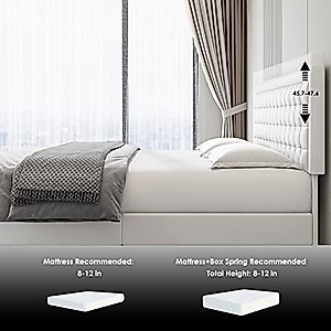 HIFIT King Size Bed Frame, Upholstered Platform Bed with Button Tufted Adjustable Headboard, Modern Faux Leather Upholstered Mattress Foundation, No Box Spring Needed, Easy Assembly, White