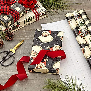 Hallmark Black Christmas Wrapping Paper with Cut Lines on Reverse (3 Rolls: 120 sq. ft. ttl) Retro Santa, Black and White Buffalo Plaid, Train and Trees