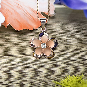 Honolulu Jewelry Company 14K Rose Gold Plated Sterling Silver CZ Plumeria Flower Nature Necklace Pendant with 18" Box Chain