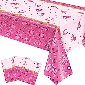 Tudomro Western Cowgirl Theme Birthday Party Tablecover Pink Felt Horse Tablecloth, Cowgirl Table Cover for Western Birthday Baby Shower Decorations(4 Pack)
