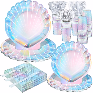 144 Pcs Mermaid Party Supplies Tableware Mermaids Themed Decorations Under the Sea Party Dinnerware Set Includes Plates Napkins Cups Spoons Fork Knives for Baby Shower Birthday Party(Classic Style)