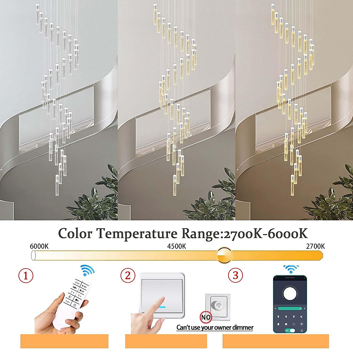 IDEQUY Large Crystal Chandeliers for High Ceilings 32-Lights Silver 150in Spiral Crystal Column Chandelier for Foyer Entryway LED Dimmable 3000K-6000K