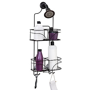Zenna Home Hanging Shower Caddy, Over the Shower Head Bathroom Storage, Made for Handheld Shower Hoses, Rust Resistant, No Drilling, Expandable Organizer with 4 Baskets, Razor Holders, Hooks, Bronze