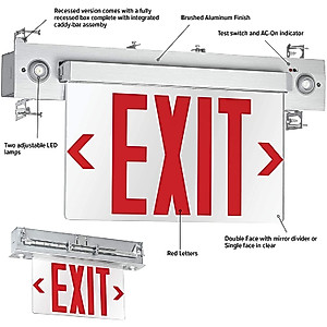 LB91610 Recessed Edge-Lit Red Exit Sign, 120-277V Double Face LED Combo Emergency Light with Adjustable Two Head and Backup Battery, NYC Approved 8” Lettering, UL Certified