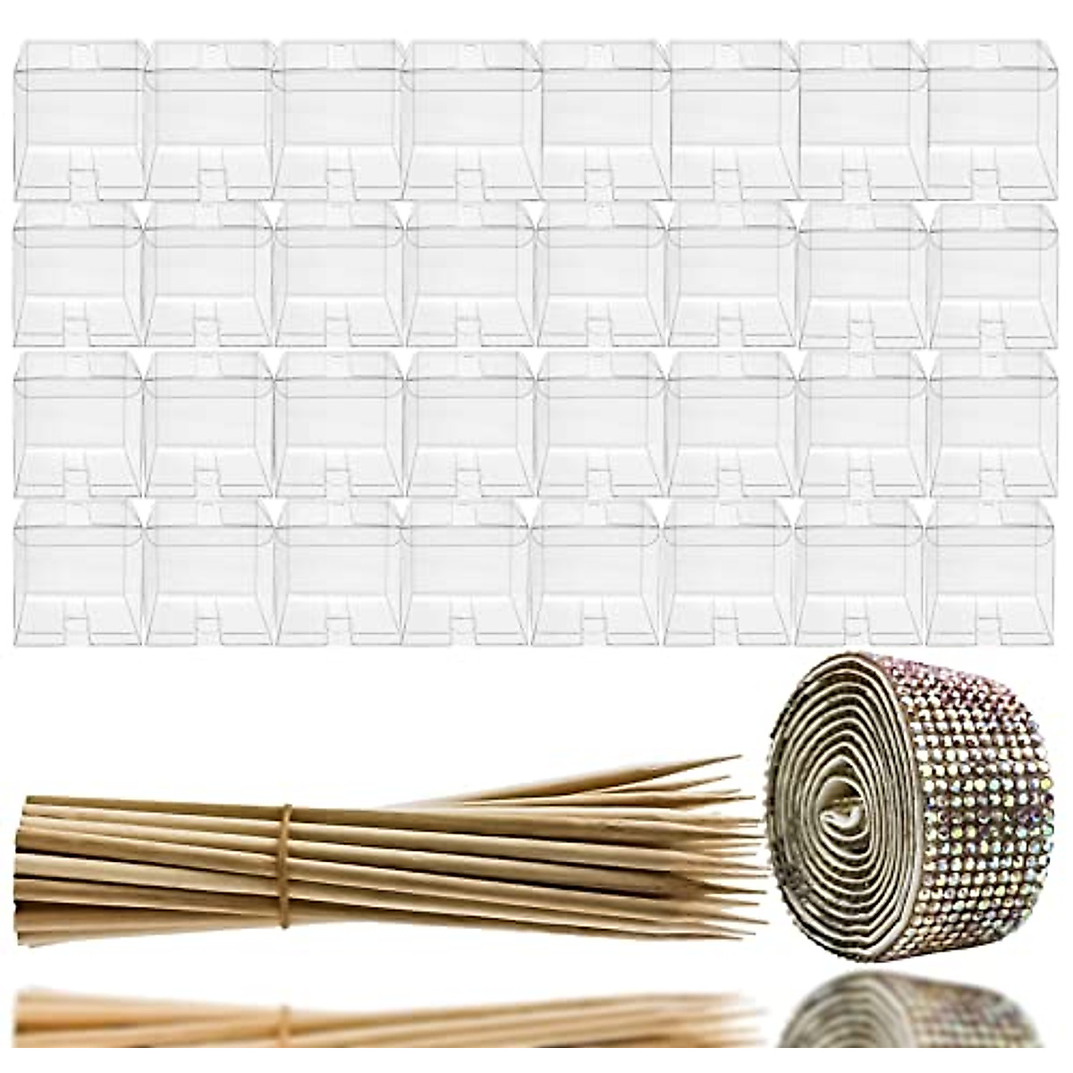 BadenBach 30 Set 4" Clear Candy Apple Boxes with Hole, Candy Apple Kit Supplies Containers Apple Boxes with 30 Pcs 7" Thick Candy Apple Sticks and 35.5" Self-Adhesive Rhinestone Stickers