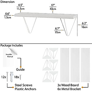 Wallniture Colmar Washed White Floating Shelves for Wall, Wood Wall Shelves for Living Room, Geometric Triangle Shelf with White Brackets Set of 3