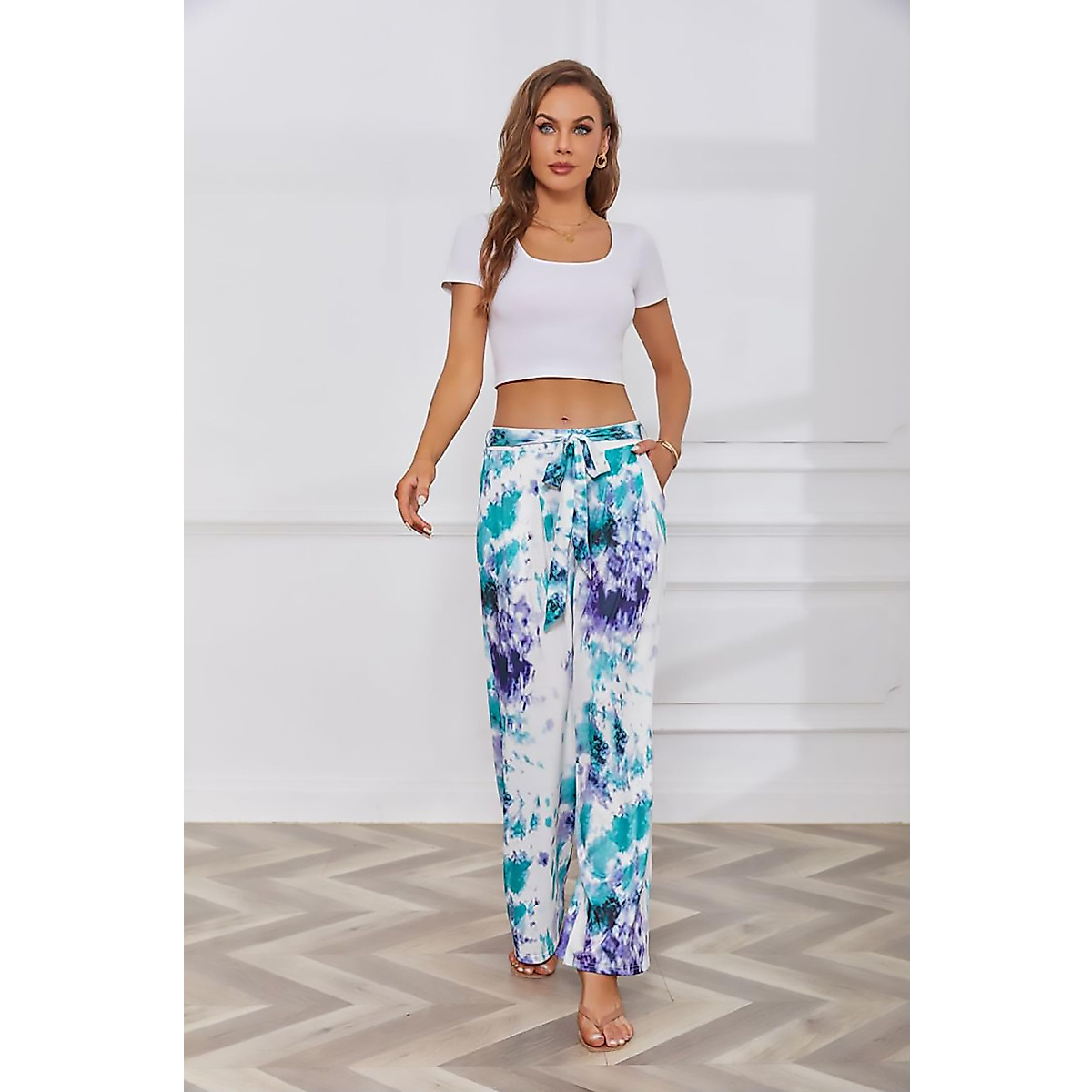 TICOSA Women's Pants Printed Palazzo Lounge Wide Leg Casual Flowy Pants with Pockets