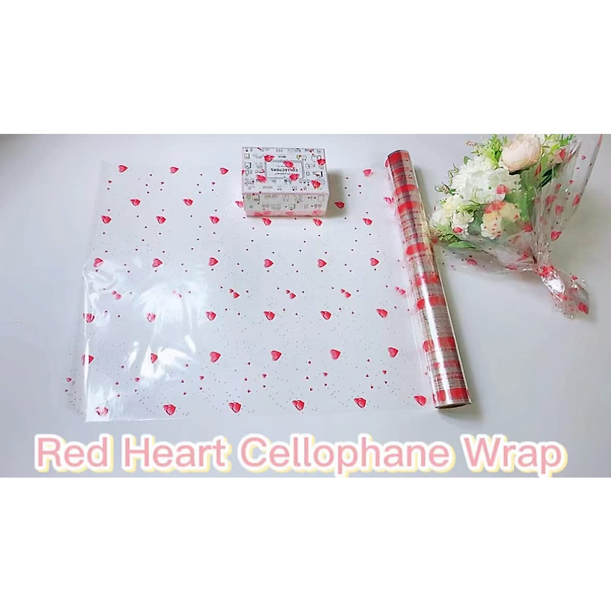 Wider Cellophane Wrap Roll Red Hearts Design(100 feet x 17.5 in) 2.3 Mil Thick Crystal Clear with Special Red Hearts Cellophane Bags large For Flower Wrapping, Gift Basket Wrap Hearts Design Cellophane for Mother’s Day Gift Wrapping
