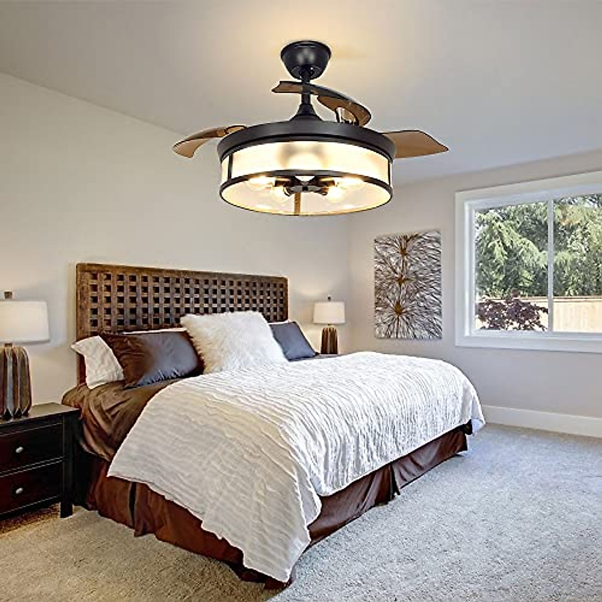 Depuley Industrial Ceiling Fan with Light, 42" Ceiling Fan with Retractable Blades, Vintage Acrylic Chandelier Fan Light Fixtures with Remote for Living Room, Kitchen, Bedroom, 5 E26 Base(No Bulb)