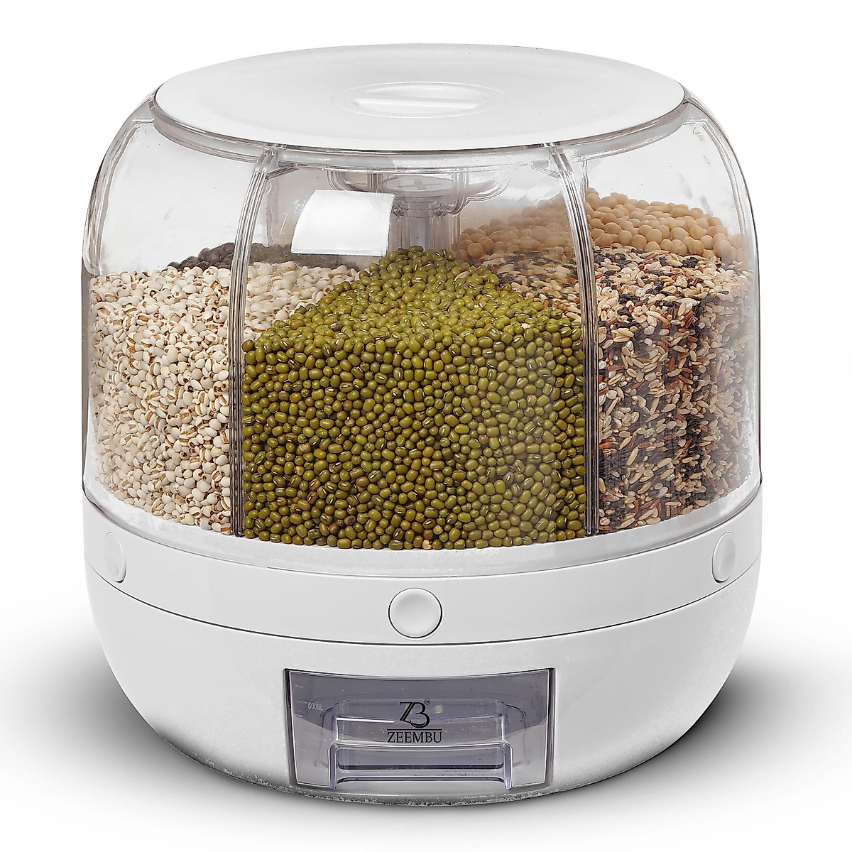 ZEEMBU Grain and Rice Dispenser, 8 Quarts Rotating 360° Kitchen Dry Food Storage Container with 6 Compartments, Easy Disassembly for Cleaning, Compact Design