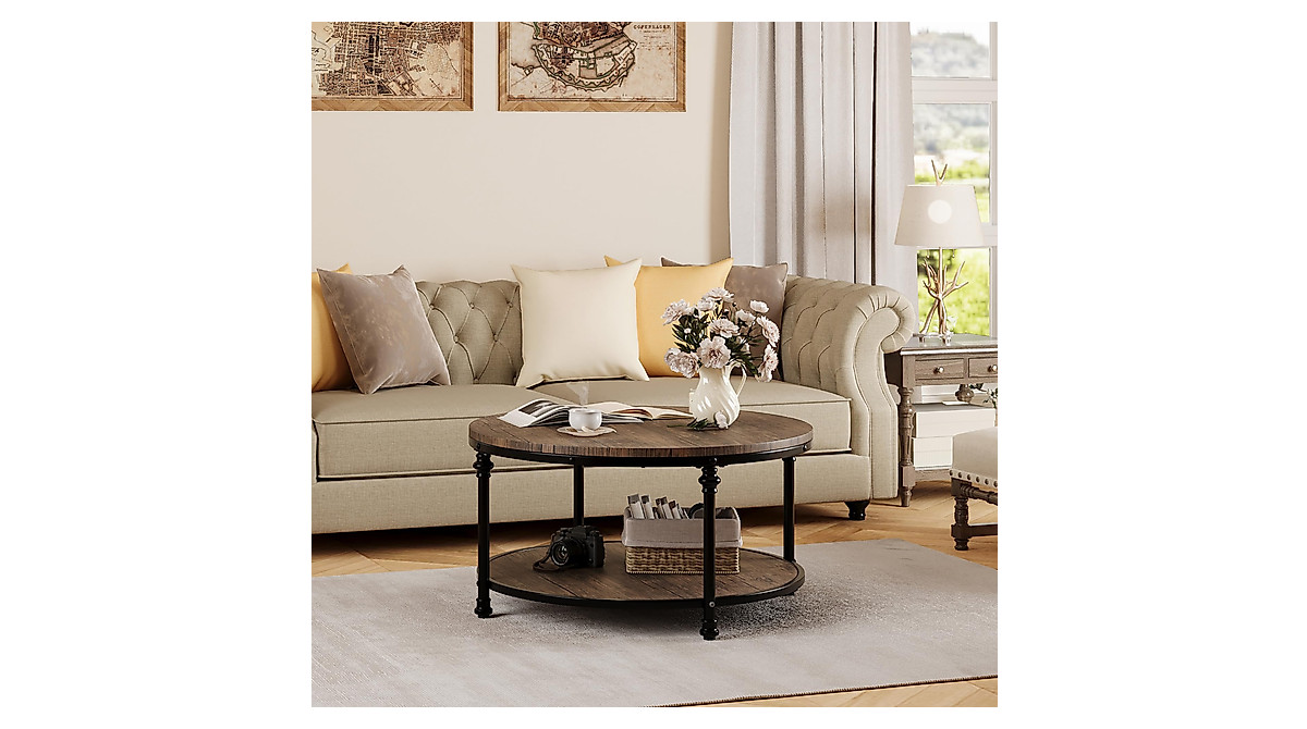 GAOMON Rustic Round Coffee Table with Storage & Style