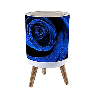 IBPNKFAZ89 Small Trash Can with Lid Beautiful Dark Blue Rose with Water Dew Drops Garbage Bin Wood Waste Bin Press Cover Round Wastebasket for Bathroom Bedroom Diaper Office Kitchen