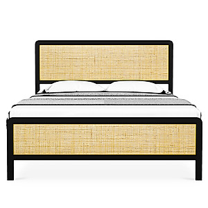 Amyove Full Size Bed Frame with Natural Rattan Headboard, Bohemian Platform Bed Frame with Strong Metal Slats Support, Boho Cane/Mattress Foundation/No Box Spring Needed