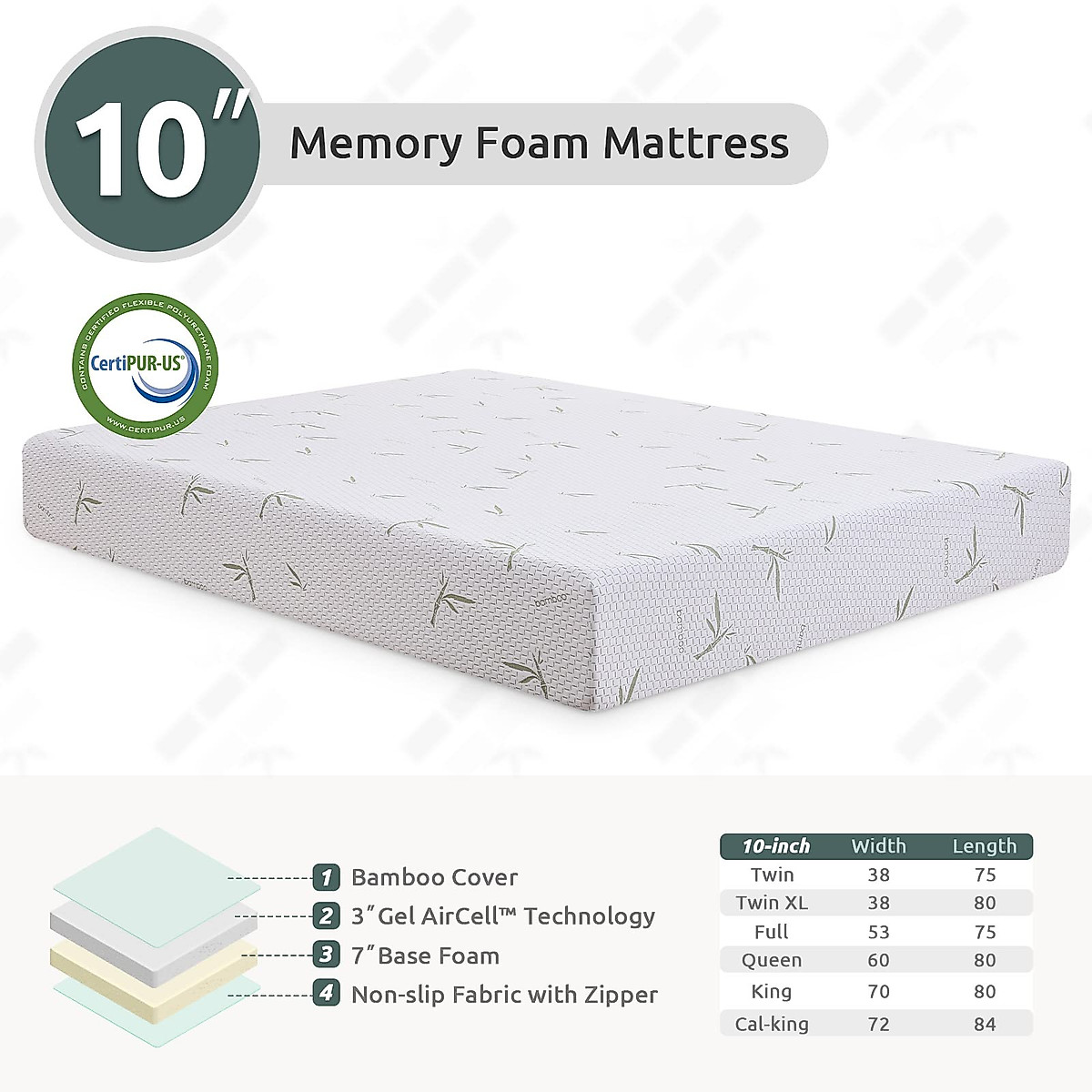 King Size Mattress in a Box, 10 Inch Gel Memory Foam Mattress with Bamboo Cover, Cooling Bed Mattress Made in USA, CertiPUR-US Certified