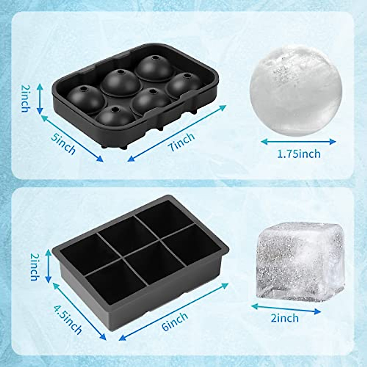 ALLTOP Ice Cube Trays(Set of 2),Sphere Mold with Lid & Large Square Ice Maker for Whiskey, Cocktails,Reusable Round Silicone Tools, DIY,Freezer-Black