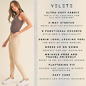 YELETE Women's Basic Five Pocket Stretch Jegging Tights Pants, White, Medium