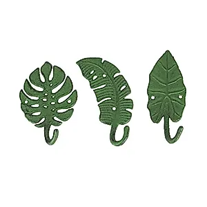 Zeckos Set of 3 Cast Iron Green Tropical Leaf Decorative Wall Hooks - Functional and Stylish - 6 Inches High - Beach Elegance - Perfect for Towels, Coats, and More