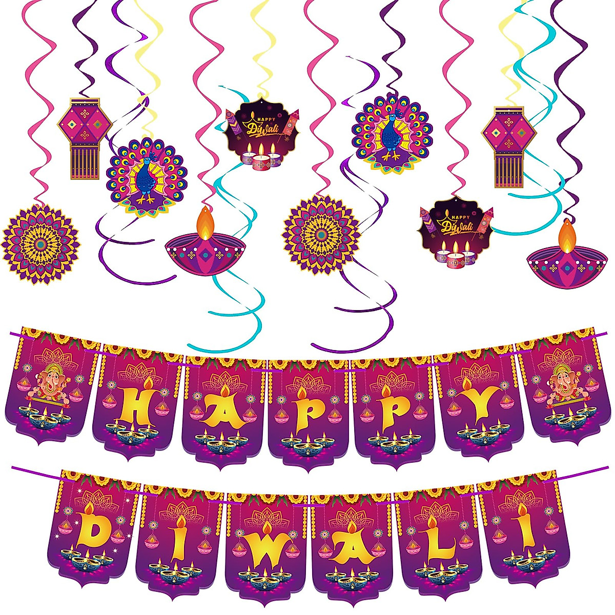 Diwali Decorations, Happy Diwali Banner Decorations for Home, Festival of Lights Party Decor Items, Deepavali Hanging Swirls Garland Indian Decorations for Pooja Puja Wedding Diwali