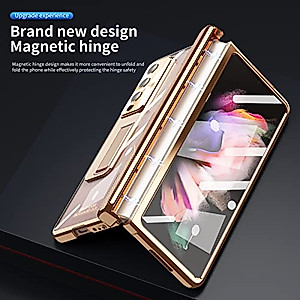 Case for Samsung Galaxy Z Fold 3 5G 2021, Plating Crystal Kickstand Case with S Pen, Removable Hinge Protection Holder and Built-in Camera Lens Protector and Front Screen Protector