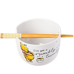 Silver Buffalo Disney Winnie the Pooh Rumbly in My Tumbly Ceramic Ramen Noodle Rice Bowl with Chopsticks, Microwave Safe, 20 Ounces