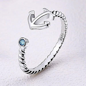 XOYOYZU 925 Sterling Silver Boat Anchor Cubic Zircon Cross Ring Expandable Open Rings Adjustable Women Jewelry